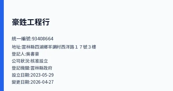 豪鉎工程行的照片-統編 93408664(雲林縣) 公司登記資料與營業項目詳細圖表