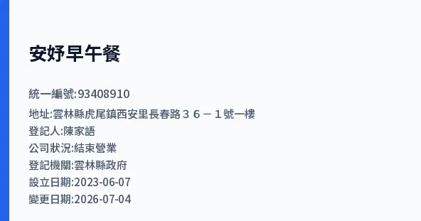 安妤早午餐的照片-統編 93408910(雲林縣) 公司登記資料與營業項目詳細圖表