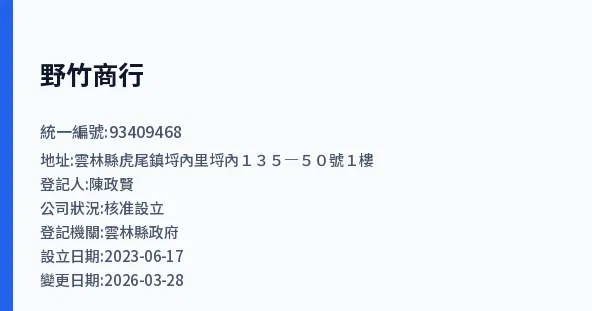 野竹商行的照片-統編 93409468(雲林縣) 公司登記資料與營業項目詳細圖表