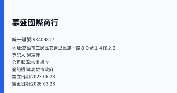 慕盛國際商行的照片-統編 93409827(高雄市) 公司登記資料與營業項目詳細圖表