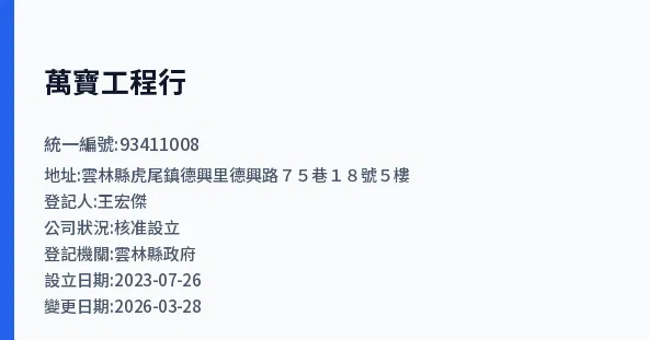 萬寶工程行的照片-統編 93411008(雲林縣) 公司登記資料與營業項目詳細圖表