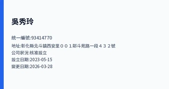 吳秀玲的照片-統編 93414770(彰化縣) 公司登記資料與營業項目詳細圖表