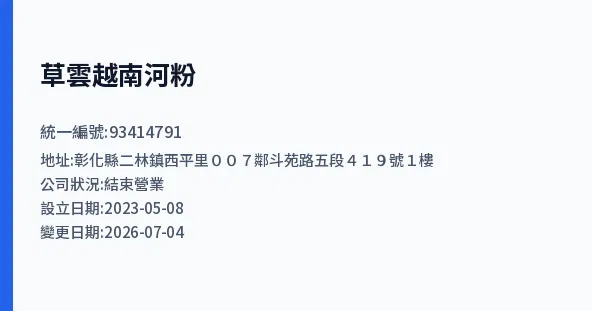 草雲越南河粉的照片-統編 93414791(彰化縣) 公司登記資料與營業項目詳細圖表