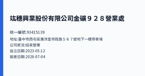 竑穗興業股份有限公司金礦928營業處的照片-統編 93415139(臺中市) 公司登記資料與營業項目詳細圖表