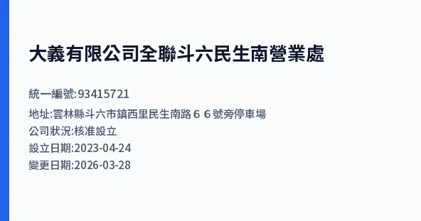 大義有限公司全聯斗六民生南營業處的照片-統編 93415721(雲林縣) 公司登記資料與營業項目詳細圖表
