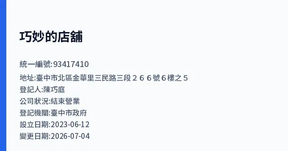 巧妙的店舖的照片-統編 93417410(臺中市) 公司登記資料與營業項目詳細圖表