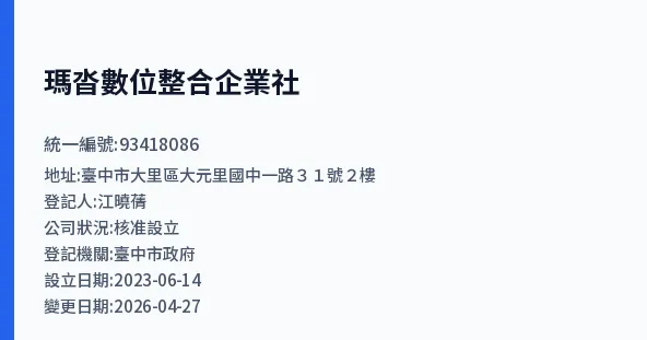 瑪沓數位整合企業社的照片-統編 93418086(臺中市) 公司登記資料與營業項目詳細圖表