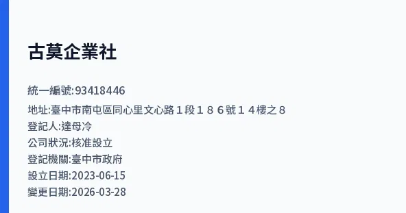 古莫企業社的照片-統編 93418446(臺中市) 公司登記資料與營業項目詳細圖表