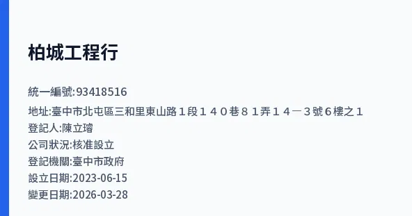 柏城工程行的照片-統編 93418516(臺中市) 公司登記資料與營業項目詳細圖表