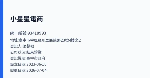 小星星電商的照片-統編 93418993(臺中市) 公司登記資料與營業項目詳細圖表