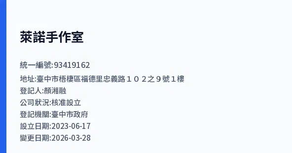 萊諾手作室的照片-統編 93419162(臺中市) 公司登記資料與營業項目詳細圖表
