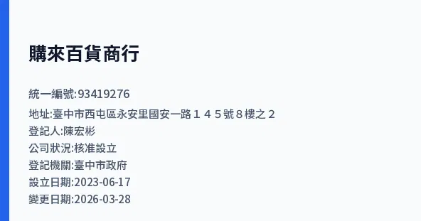 購來百貨商行的照片-統編 93419276(臺中市) 公司登記資料與營業項目詳細圖表