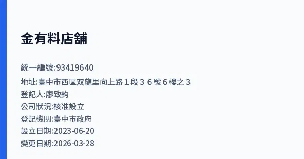 金有料店舖的照片-統編 93419640(臺中市) 公司登記資料與營業項目詳細圖表
