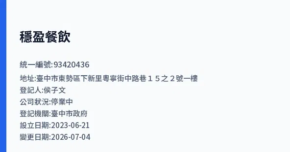 穩盈餐飲的照片-統編 93420436(臺中市) 公司登記資料與營業項目詳細圖表