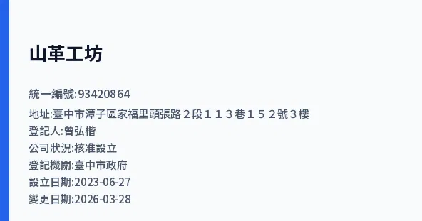 山革工坊的照片-統編 93420864(臺中市) 公司登記資料與營業項目詳細圖表