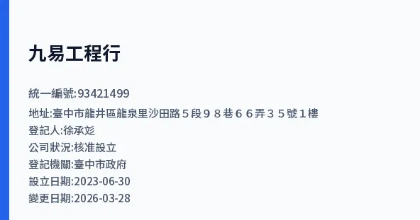 九易工程行的照片-統編 93421499(臺中市) 公司登記資料與營業項目詳細圖表