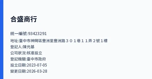 合盛商行的照片-統編 93423291(臺中市) 公司登記資料與營業項目詳細圖表
