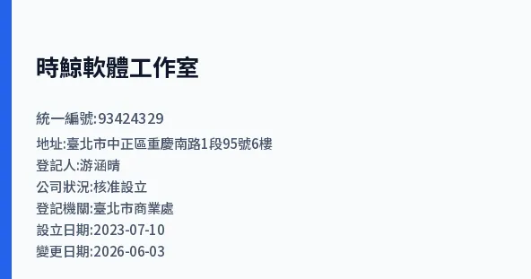 時鯨軟體工作室的照片-統編 93424329(臺北市) 公司登記資料與營業項目詳細圖表
