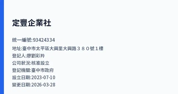 定豐企業社的照片-統編 93424334(臺中市) 公司登記資料與營業項目詳細圖表