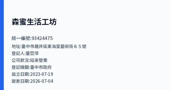 森蜜生活工坊的照片-統編 93424475(臺中市) 公司登記資料與營業項目詳細圖表