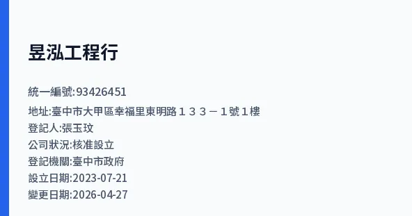 昱泓工程行的照片-統編 93426451(臺中市) 公司登記資料與營業項目詳細圖表