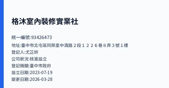格沐室內裝修實業社的照片-統編 93426473(臺中市) 公司登記資料與營業項目詳細圖表