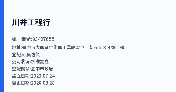 川井工程行的照片-統編 93427655(臺中市) 公司登記資料與營業項目詳細圖表