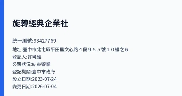 旋轉經典企業社的照片-統編 93427769(臺中市) 公司登記資料與營業項目詳細圖表