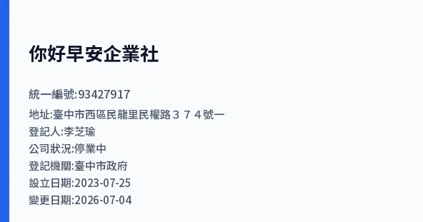 你好早安企業社的照片-統編 93427917(臺中市) 公司登記資料與營業項目詳細圖表