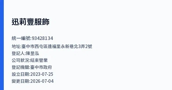 迅莉豐服飾的照片-統編 93428134(臺中市) 公司登記資料與營業項目詳細圖表