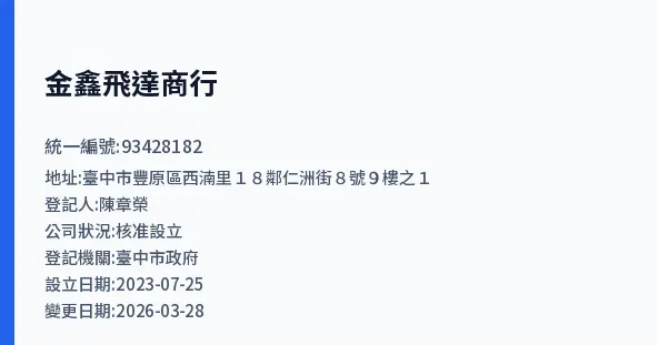 金鑫飛達商行的照片-統編 93428182(臺中市) 公司登記資料與營業項目詳細圖表