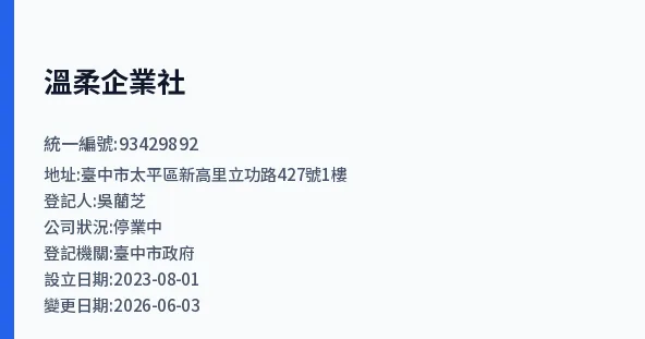 溫柔企業社的照片-統編 93429892(臺中市) 公司登記資料與營業項目詳細圖表