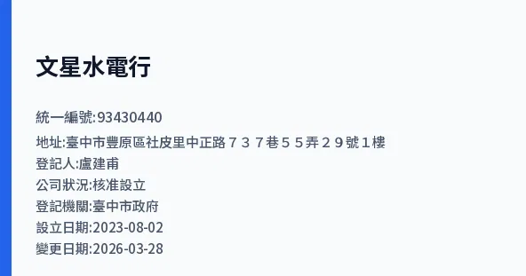 文星水電行的照片-統編 93430440(臺中市) 公司登記資料與營業項目詳細圖表