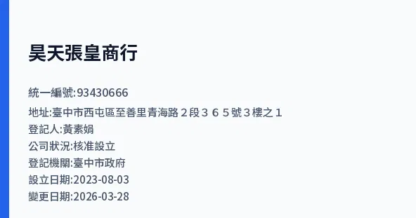 昊天張皇商行的照片-統編 93430666(臺中市) 公司登記資料與營業項目詳細圖表