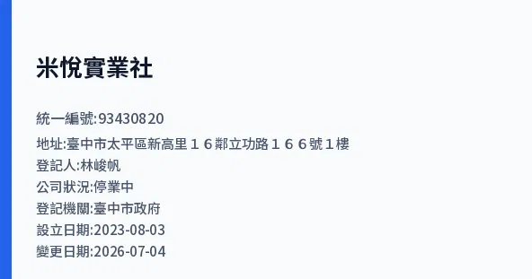 米悅實業社的照片-統編 93430820(臺中市) 公司登記資料與營業項目詳細圖表
