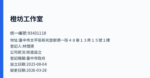橙坊工作室的照片-統編 93431118(臺中市) 公司登記資料與營業項目詳細圖表