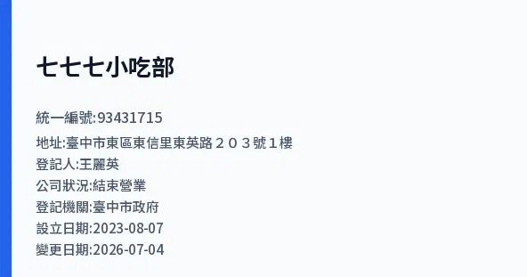 七七七小吃部的照片-統編 93431715(臺中市) 公司登記資料與營業項目詳細圖表
