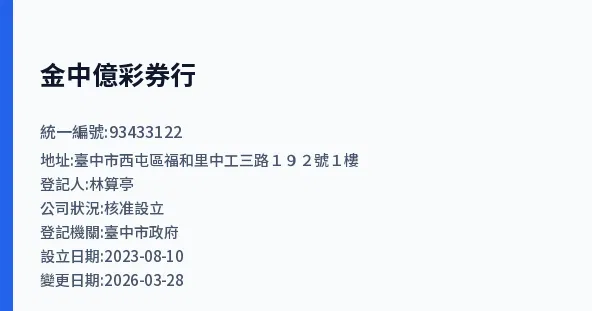 金中億彩券行的照片-統編 93433122(臺中市) 公司登記資料與營業項目詳細圖表
