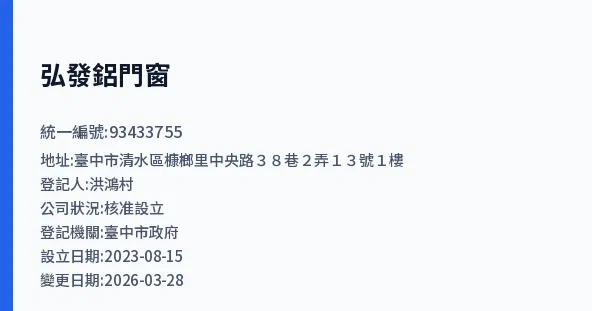 弘發鋁門窗的照片-統編 93433755(臺中市) 公司登記資料與營業項目詳細圖表