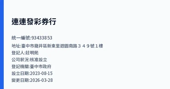連連發彩券行的照片-統編 93433853(臺中市) 公司登記資料與營業項目詳細圖表