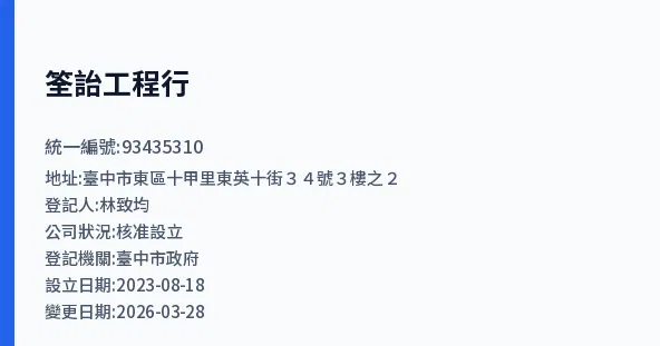 筌詒工程行的照片-統編 93435310(臺中市) 公司登記資料與營業項目詳細圖表