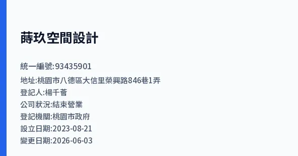 蒔玖空間設計的照片-統編 93435901(桃園市) 公司登記資料與營業項目詳細圖表