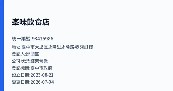 峯味飲食店的照片-統編 93435986(臺中市) 公司登記資料與營業項目詳細圖表