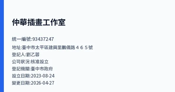 仲華插畫工作室的照片-統編 93437247(臺中市) 公司登記資料與營業項目詳細圖表