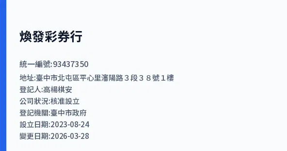 煥發彩券行的照片-統編 93437350(臺中市) 公司登記資料與營業項目詳細圖表