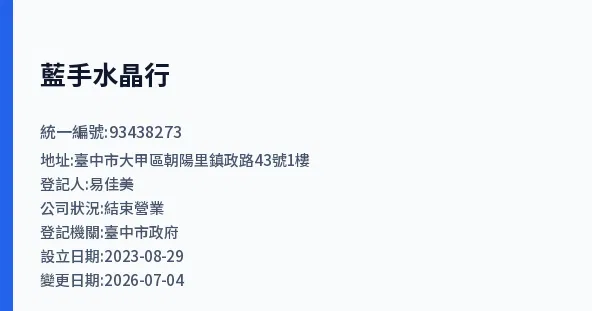 藍手水晶行的照片-統編 93438273(臺中市) 公司登記資料與營業項目詳細圖表