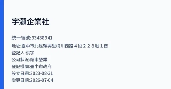 宇灝企業社的照片-統編 93438941(臺中市) 公司登記資料與營業項目詳細圖表