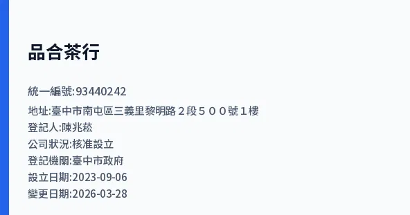 品合茶行的照片-統編 93440242(臺中市) 公司登記資料與營業項目詳細圖表
