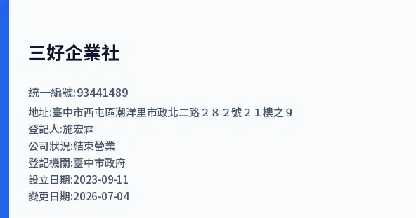 三好企業社的照片-統編 93441489(臺中市) 公司登記資料與營業項目詳細圖表