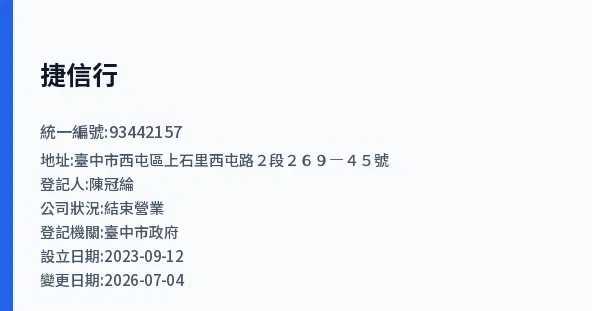 捷信行的照片-統編 93442157(臺中市) 公司登記資料與營業項目詳細圖表